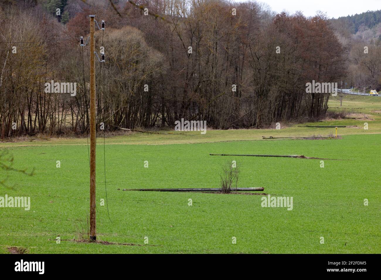 Watzdorf, Germany. 12th Mar, 2021. Fallen power pylons lie in a meadow ...