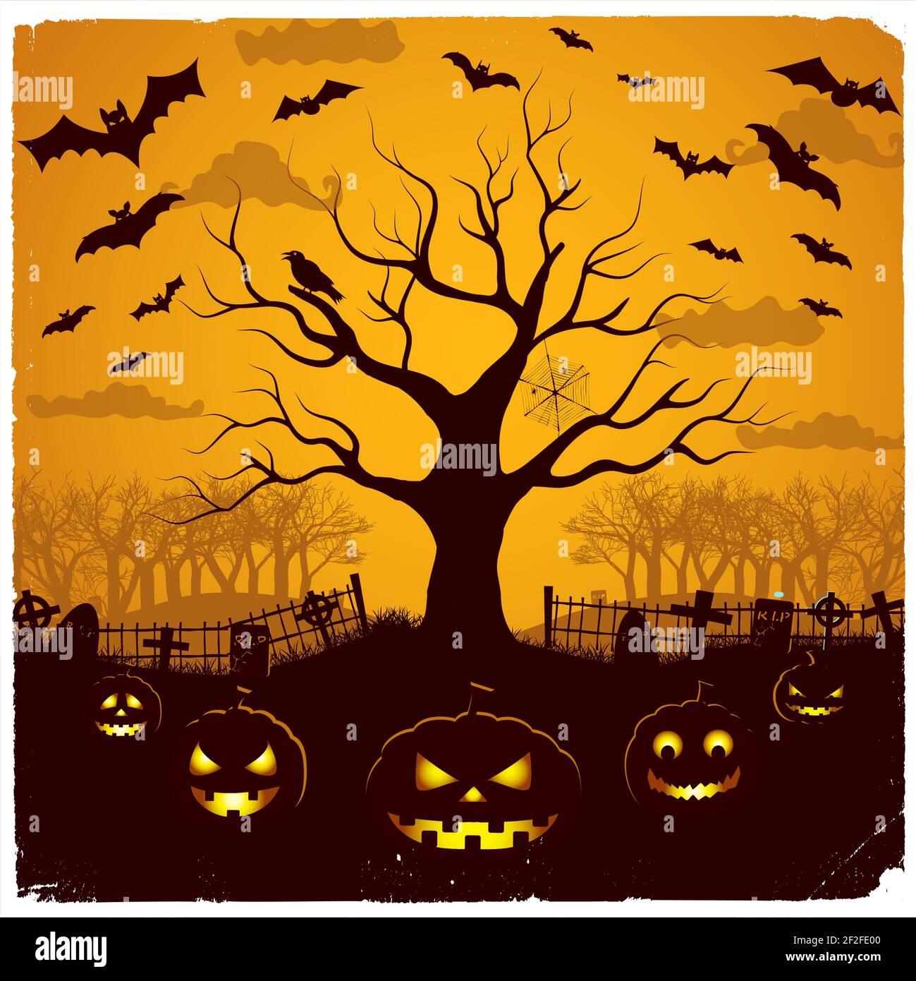 Halloween evening design with festive lanterns at cemetery tree and ...