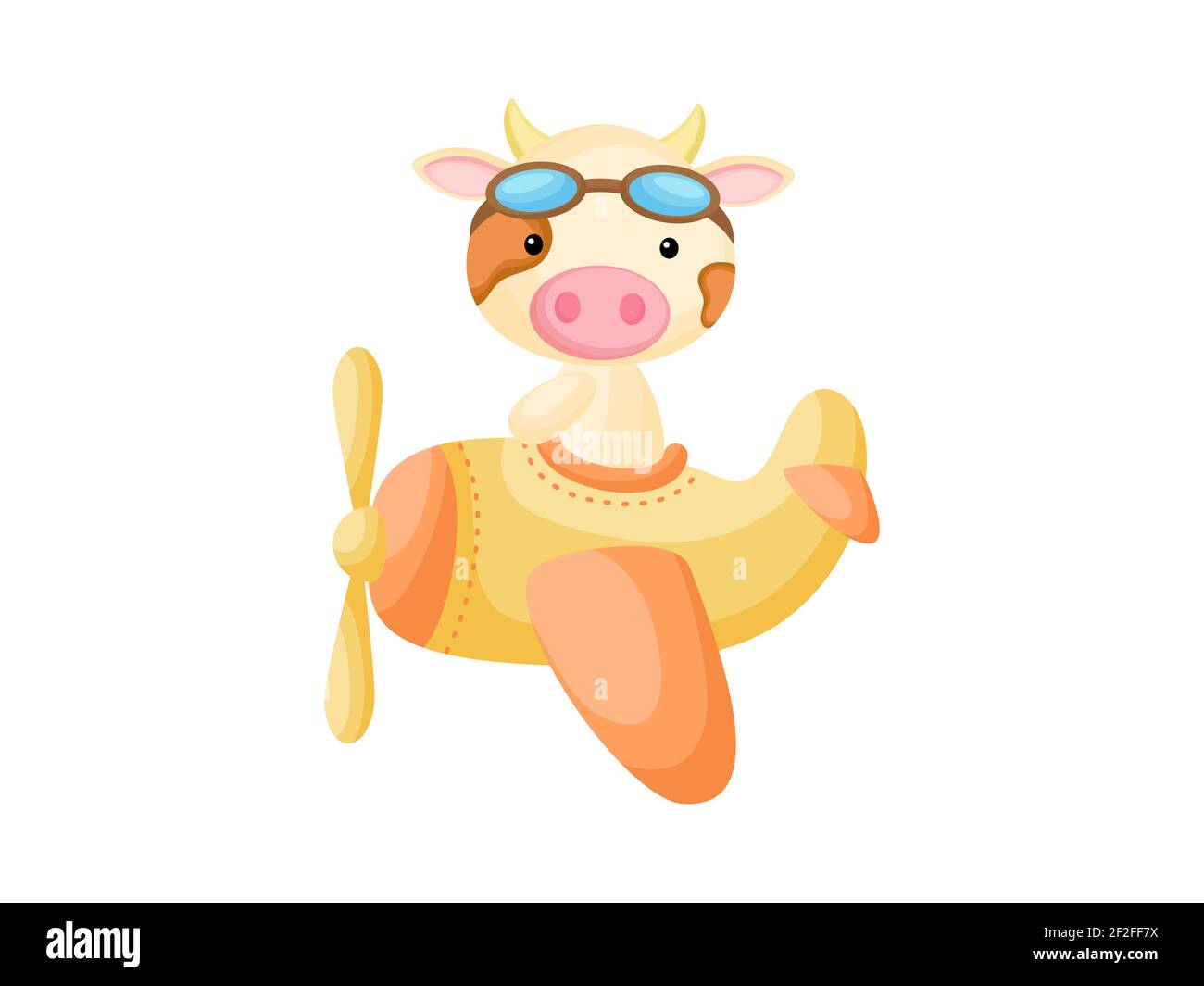 Little cow wearing aviator goggles flying an airplane. Funny baby ...
