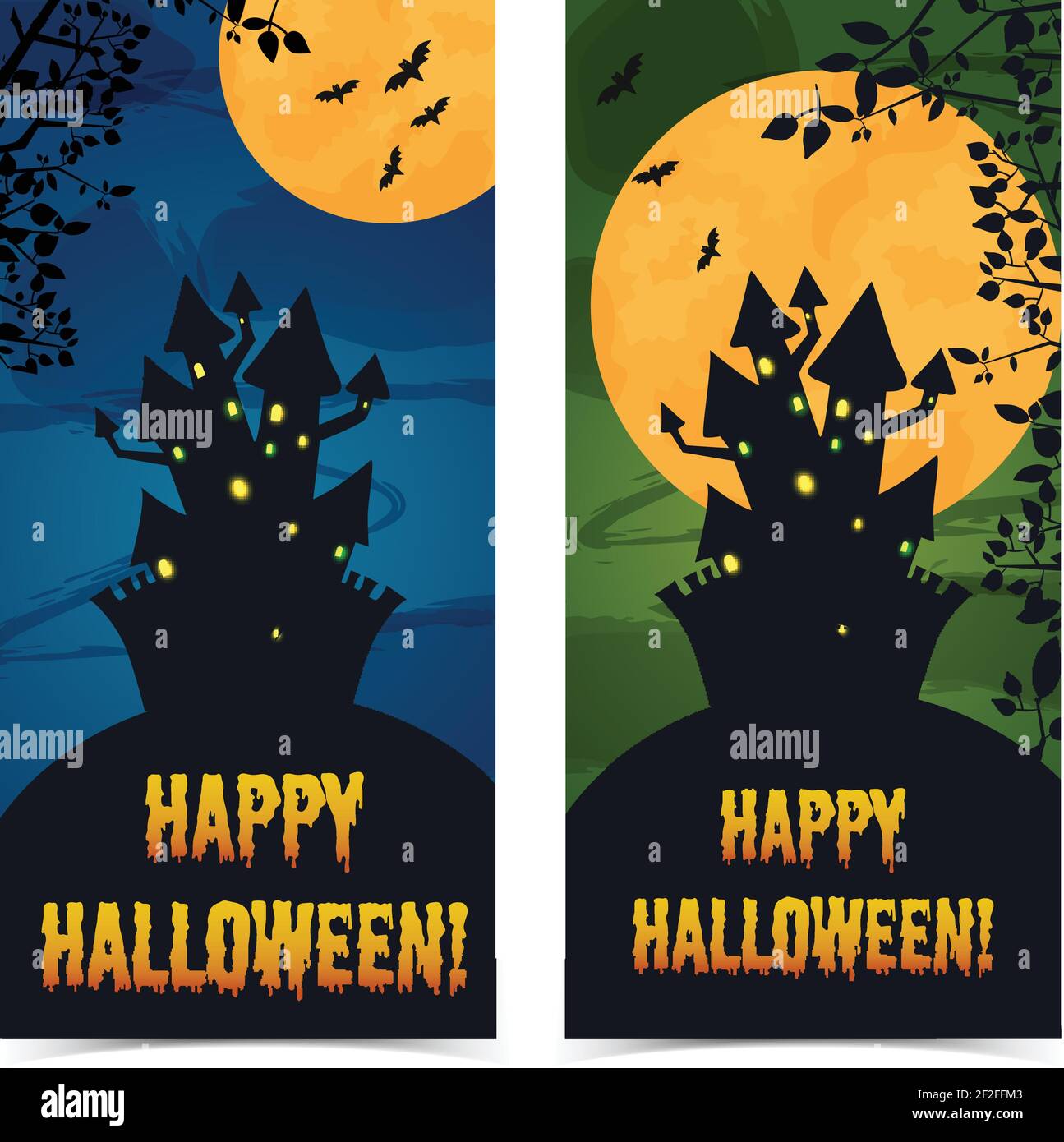 Greeting Halloween vertical banners with haunted house cemetery tree ...