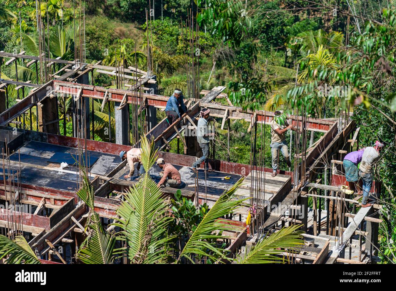 Workers on a construction site in the middle of the forest, Munnar ...