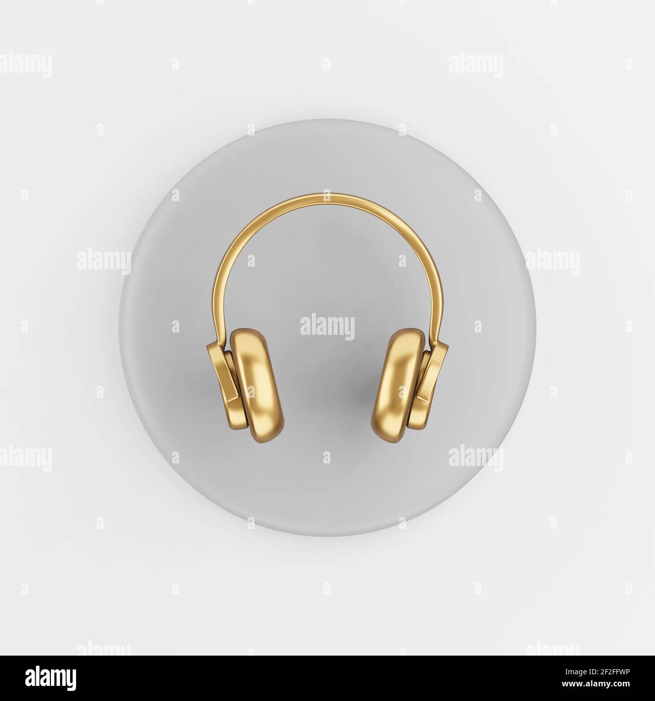 Gold headphones icon in cartoon style. 3d rendering gray round button key, interface ui ux ...