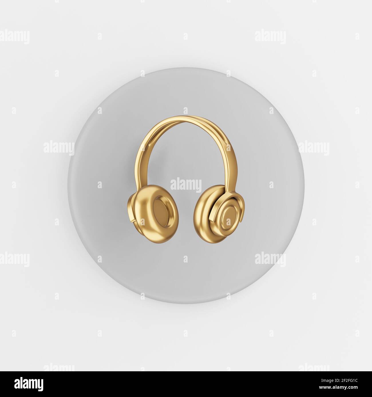 Gold headphones icon in cartoon style. 3d rendering gray round button key, interface ui ux ...