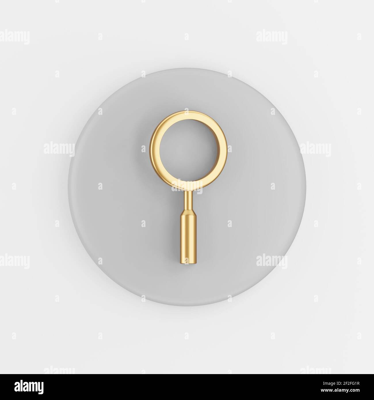 Golden magnifier icon in cartoon style. 3d rendering gray round button key, interface ui ux ...