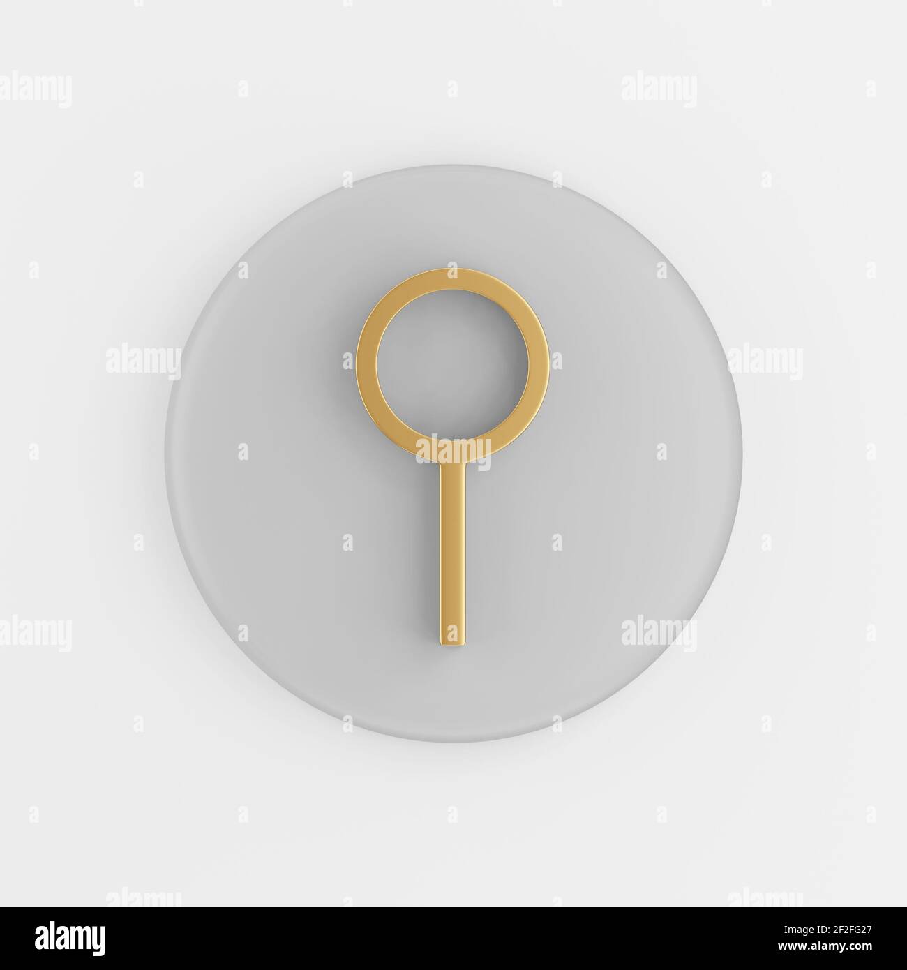 Golden magnifier icon in flat style. 3d rendering gray round button key, interface ui ux element ...
