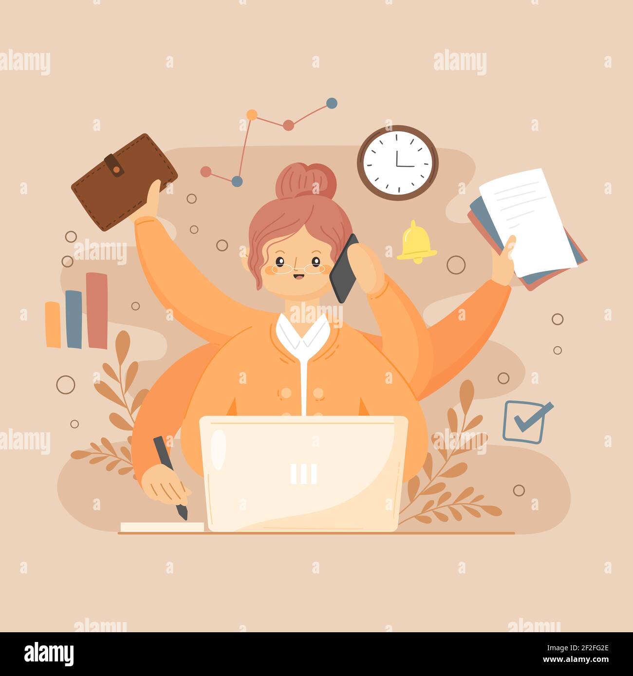 Flat-hand drawn multitask business woman Vector illustration Stock ...