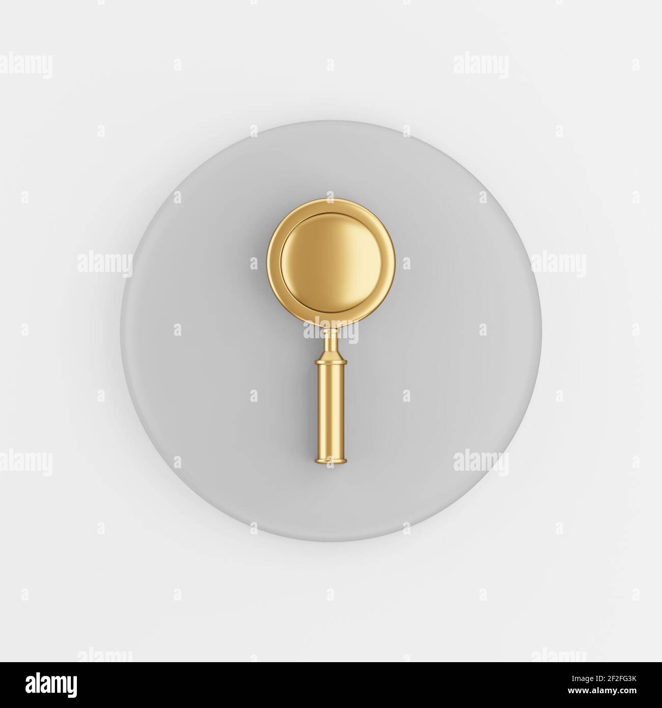 Golden magnifier icon in cartoon style. 3d rendering gray round button key, interface ui ux ...