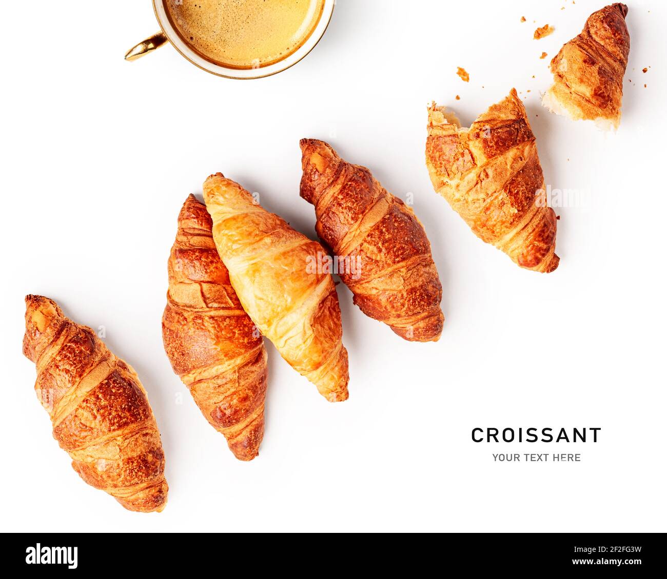 Fresh croissants and coffee cup creative layout on white background ...