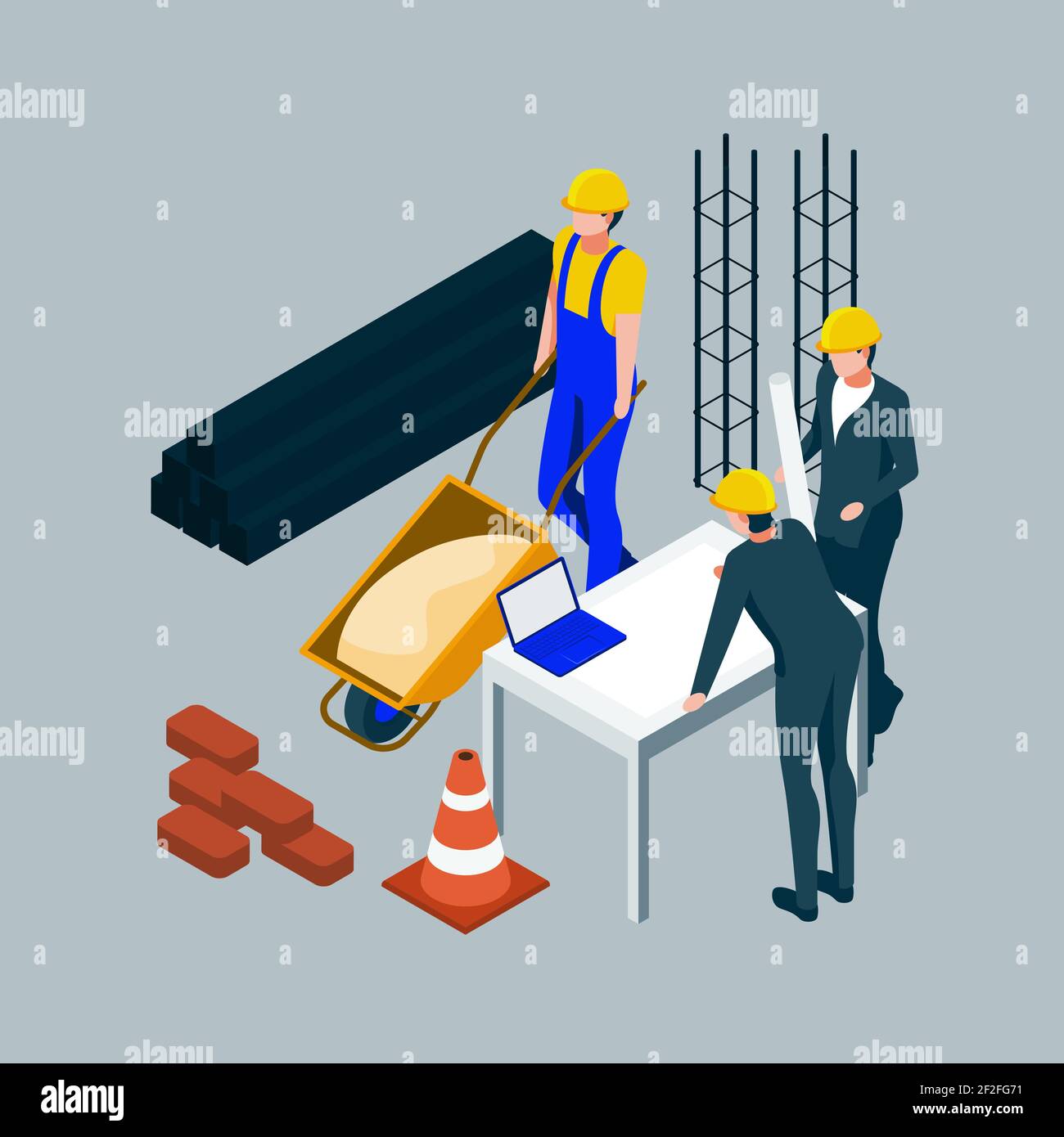Isometric engineers working on construction illustration Vector ...
