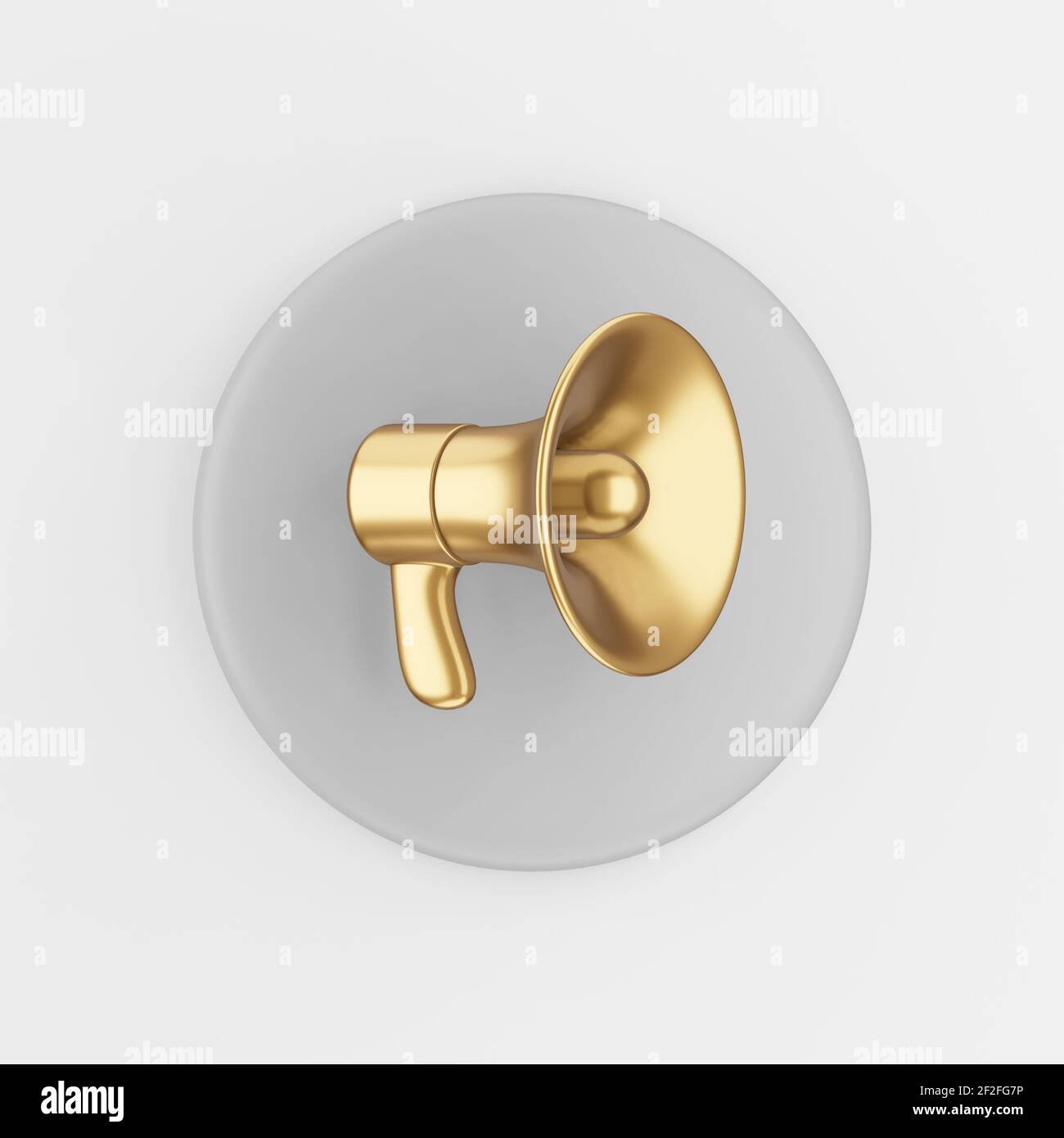 Golden megaphone icon in cartoon style. 3d rendering gray round button key, interface ui ux ...