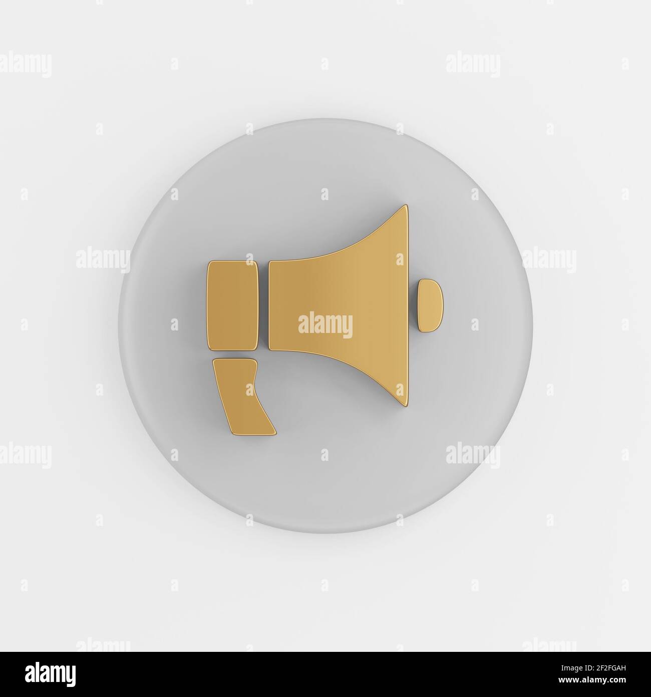 Golden megaphone icon in flat style. 3d rendering gray round button key, interface ui ux element ...