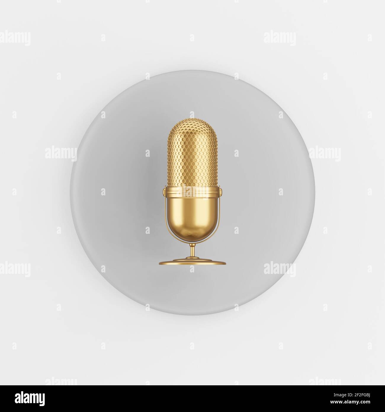 Golden vintage microphone icon. 3d rendering gray round button key, interface ui ux element ...