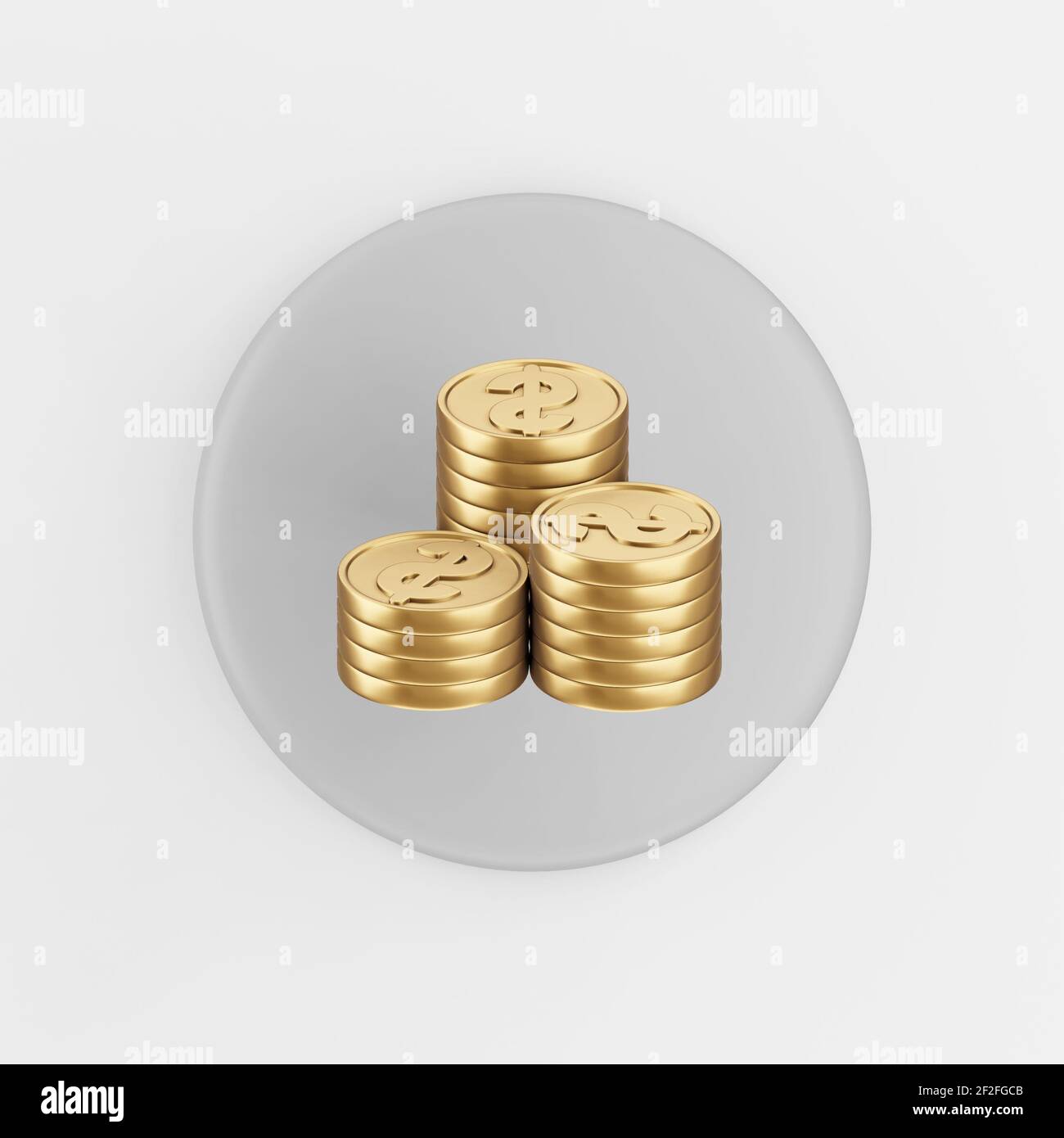 Gold folded coins icon in cartoon style. 3d rendering gray round button key, interface ui ux ...