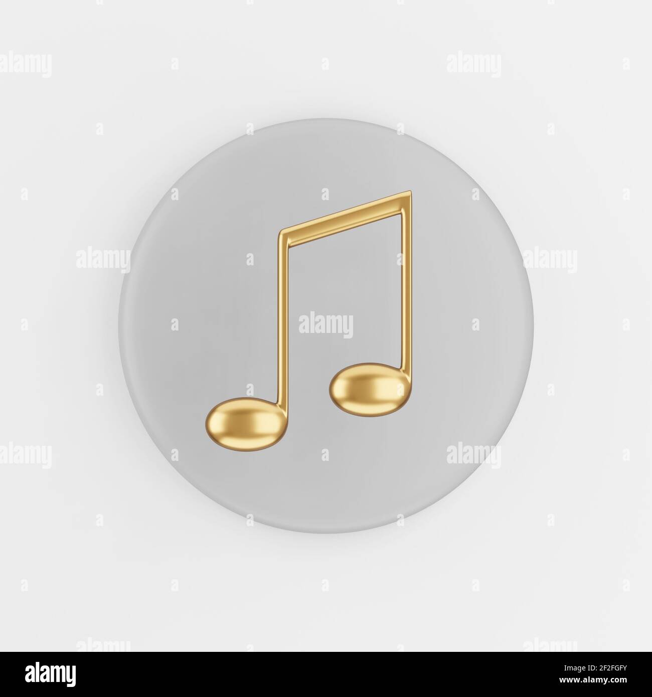 Gold musical note icon in cartoon style. 3d rendering gray round button key, interface ui ux ...