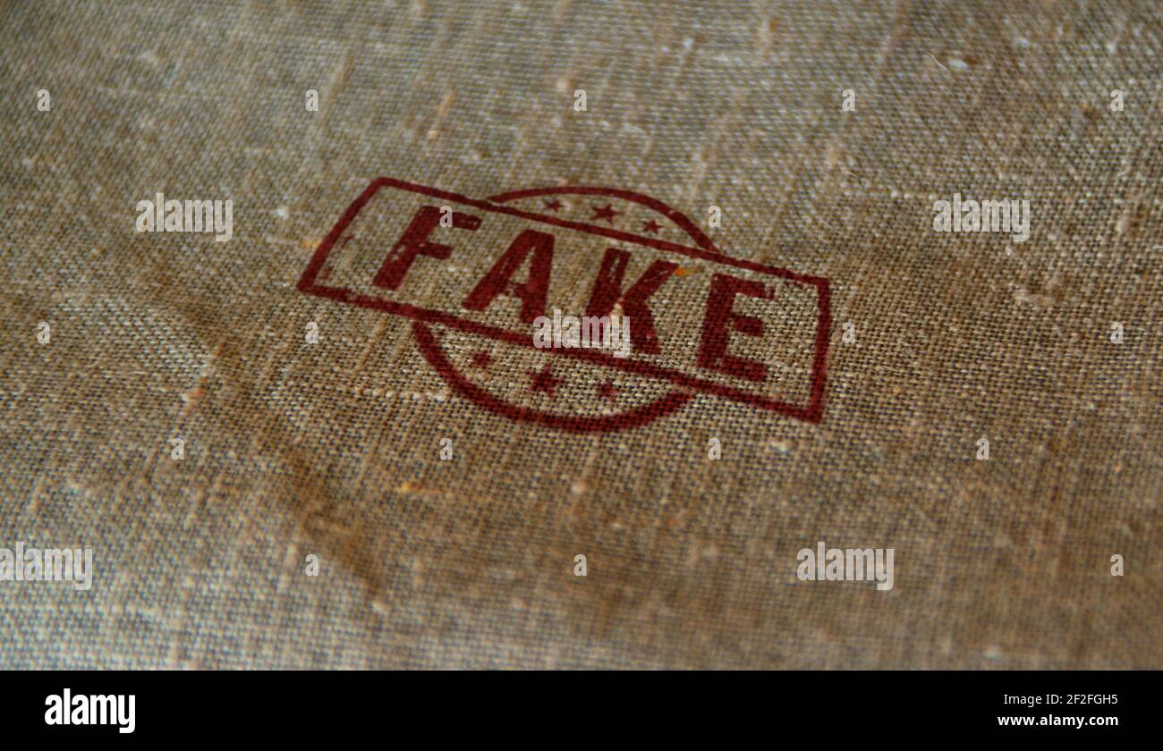 Fake stamp printed on linen sack. Fraud, imitation and fake news ...