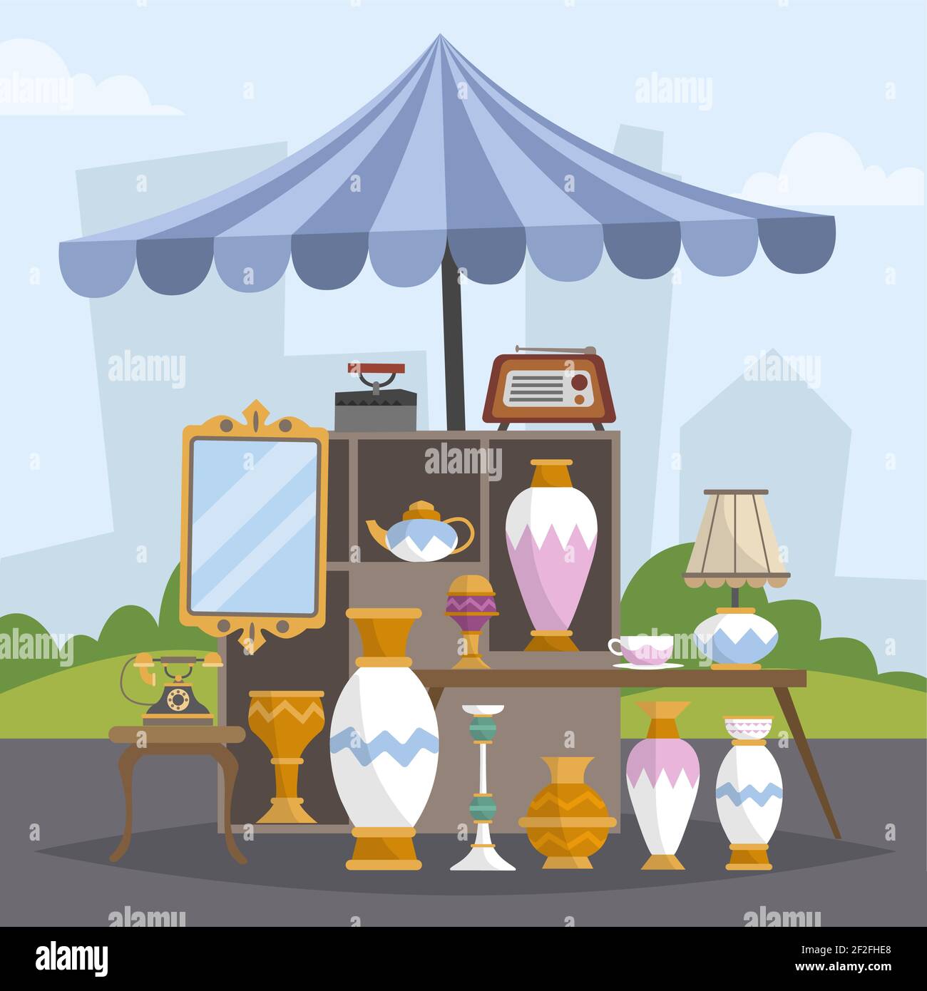 Illustrated antique market with different objects Vector illustration ...