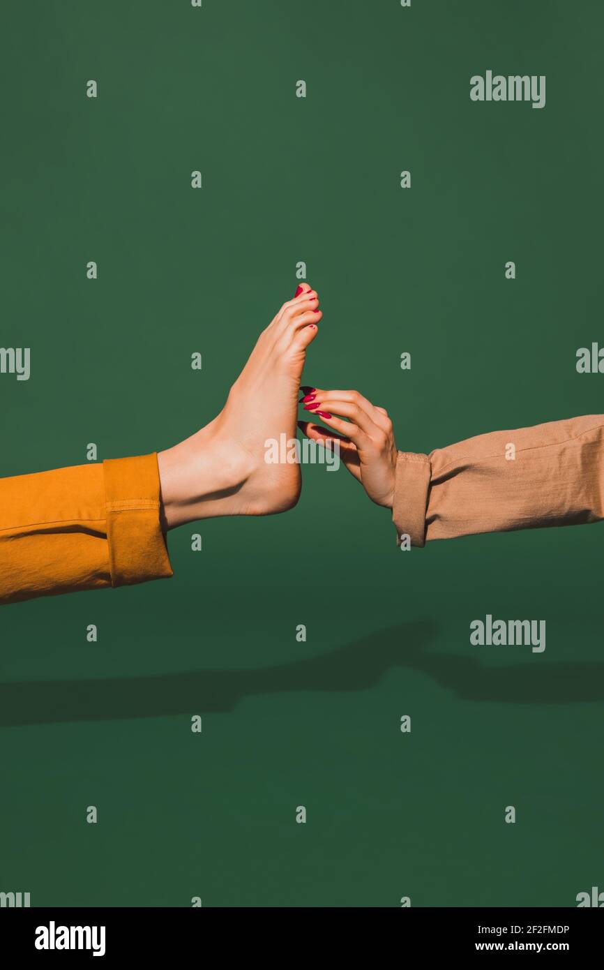 Laughter. Bright fashionable hand and leg working up daily things ...