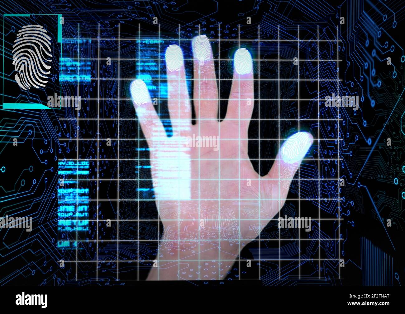 Human hand scanning over biometric scanner against microprocessor ...