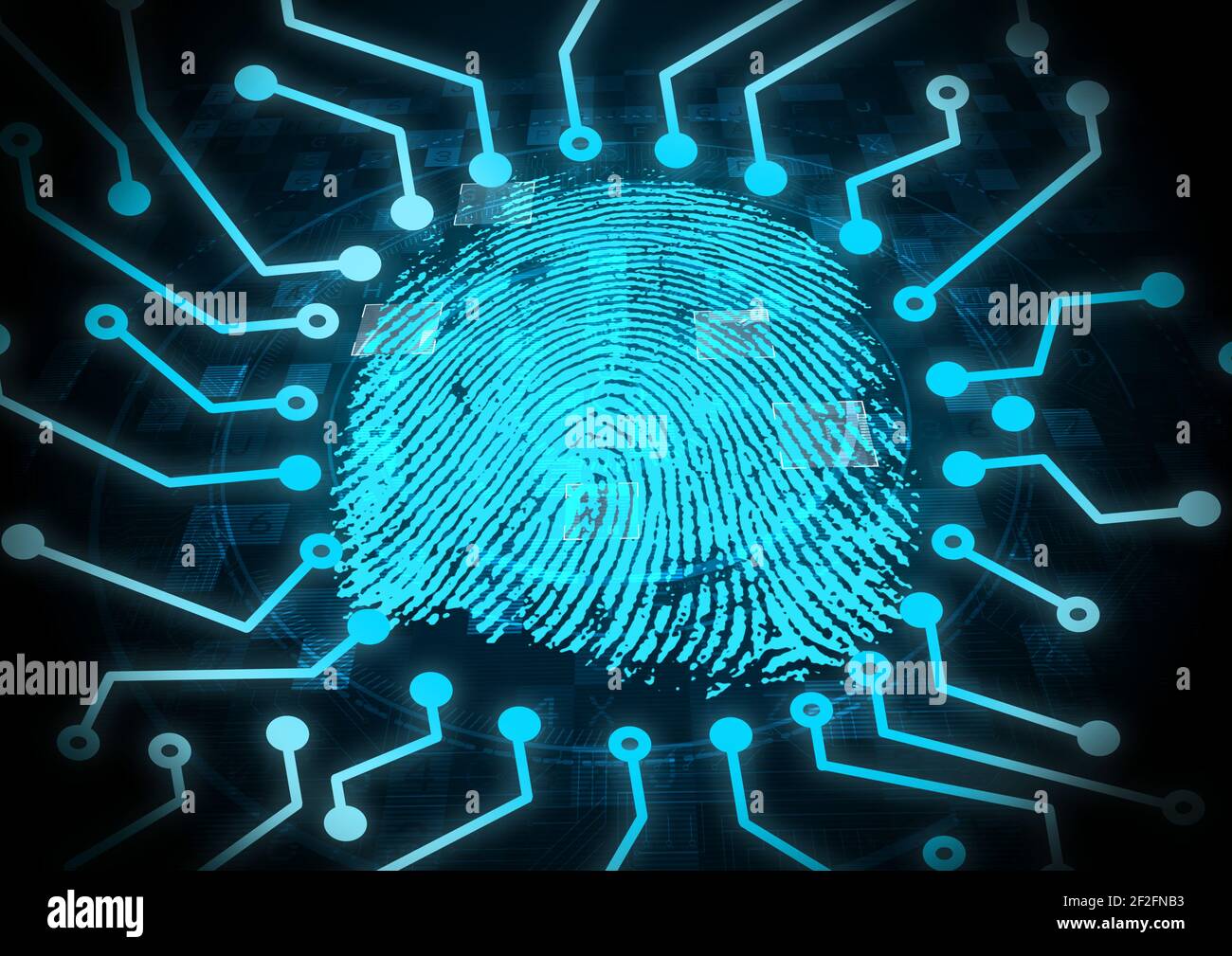 Neon blue microprocessor connections over biometric fingerprint scanner ...