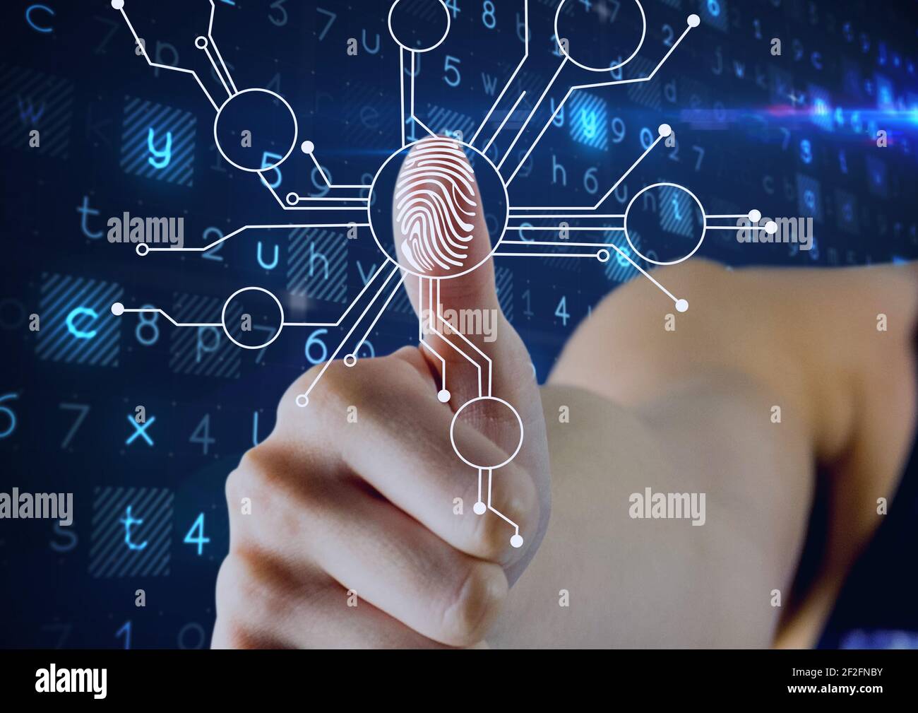 Human thumb over biometric scanner against cyber security data ...
