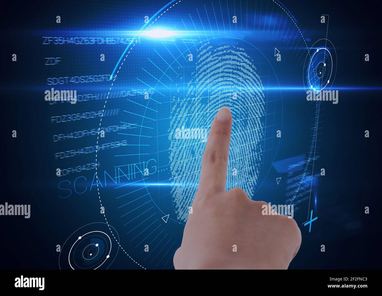 Human finger scanning over biometric scanner against data processing on ...