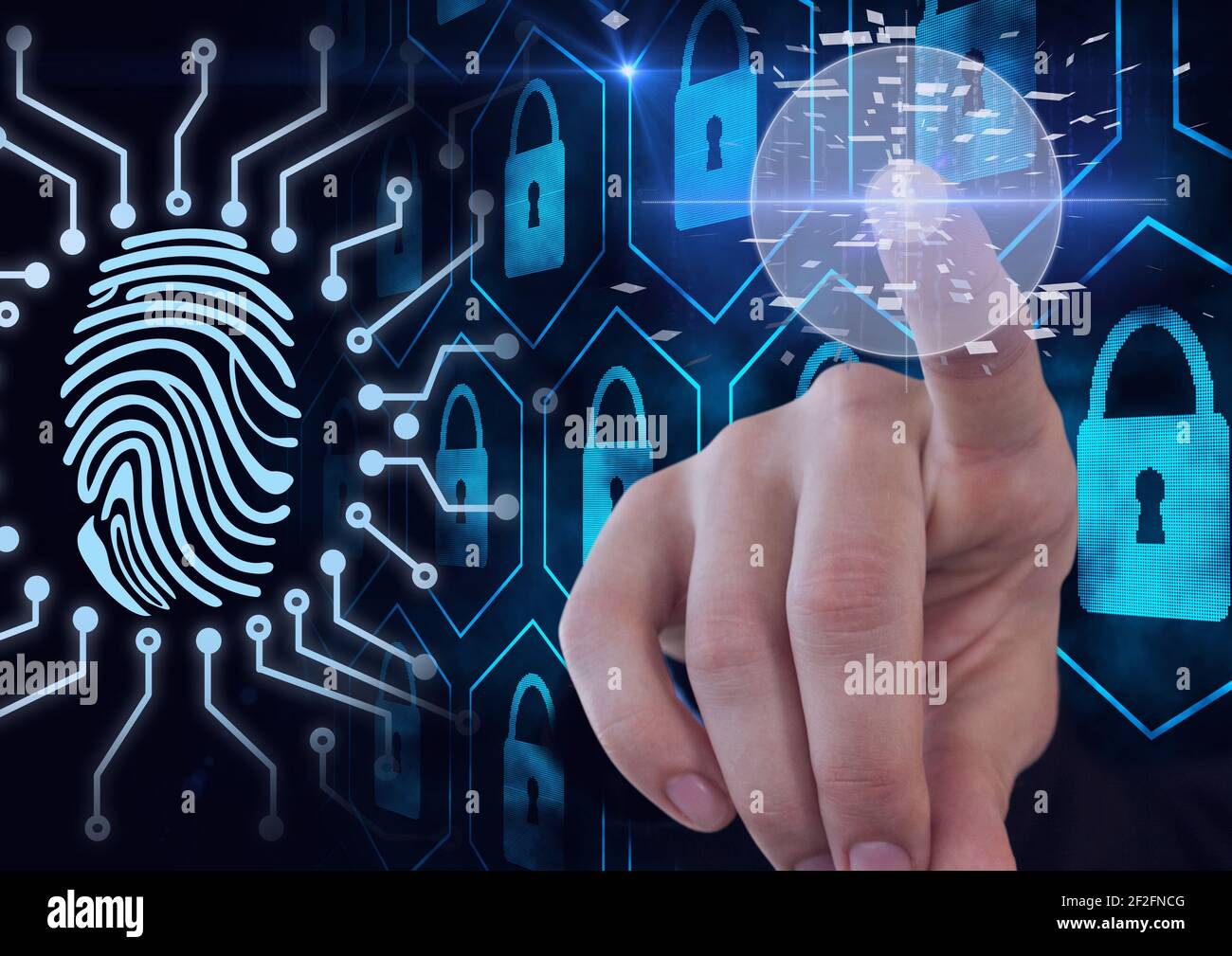 Human finger scanning over biometric scanner against security padlock ...