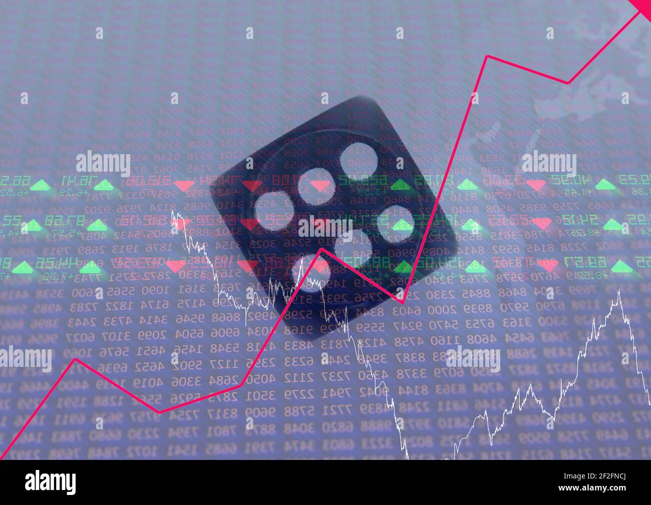 Red graphs over stock market data processing against dice on white ...