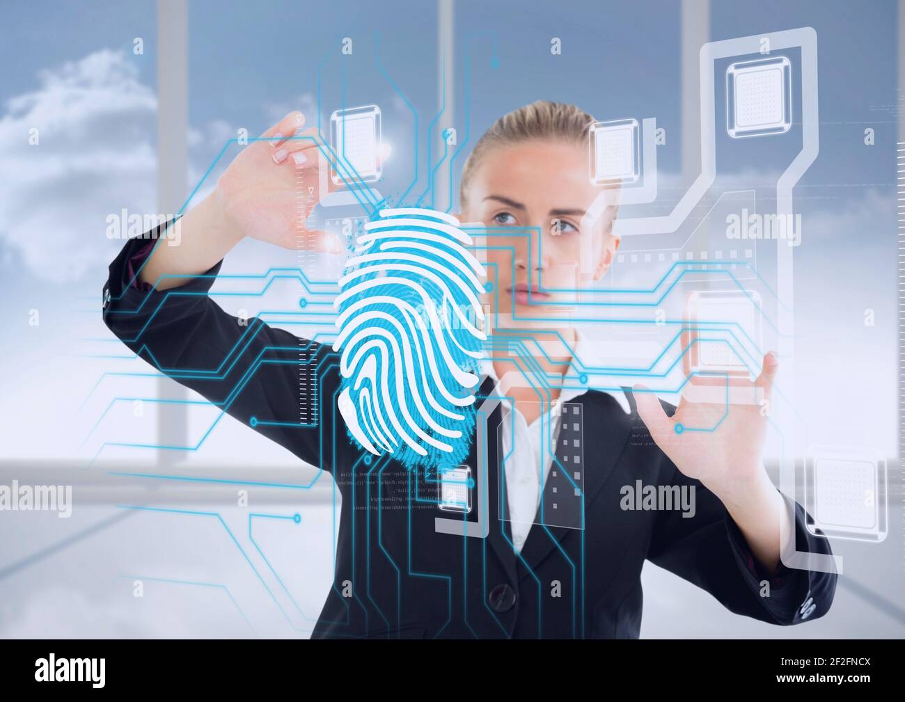 Digital interface with fingerprint biometric scanner over businesswoman ...