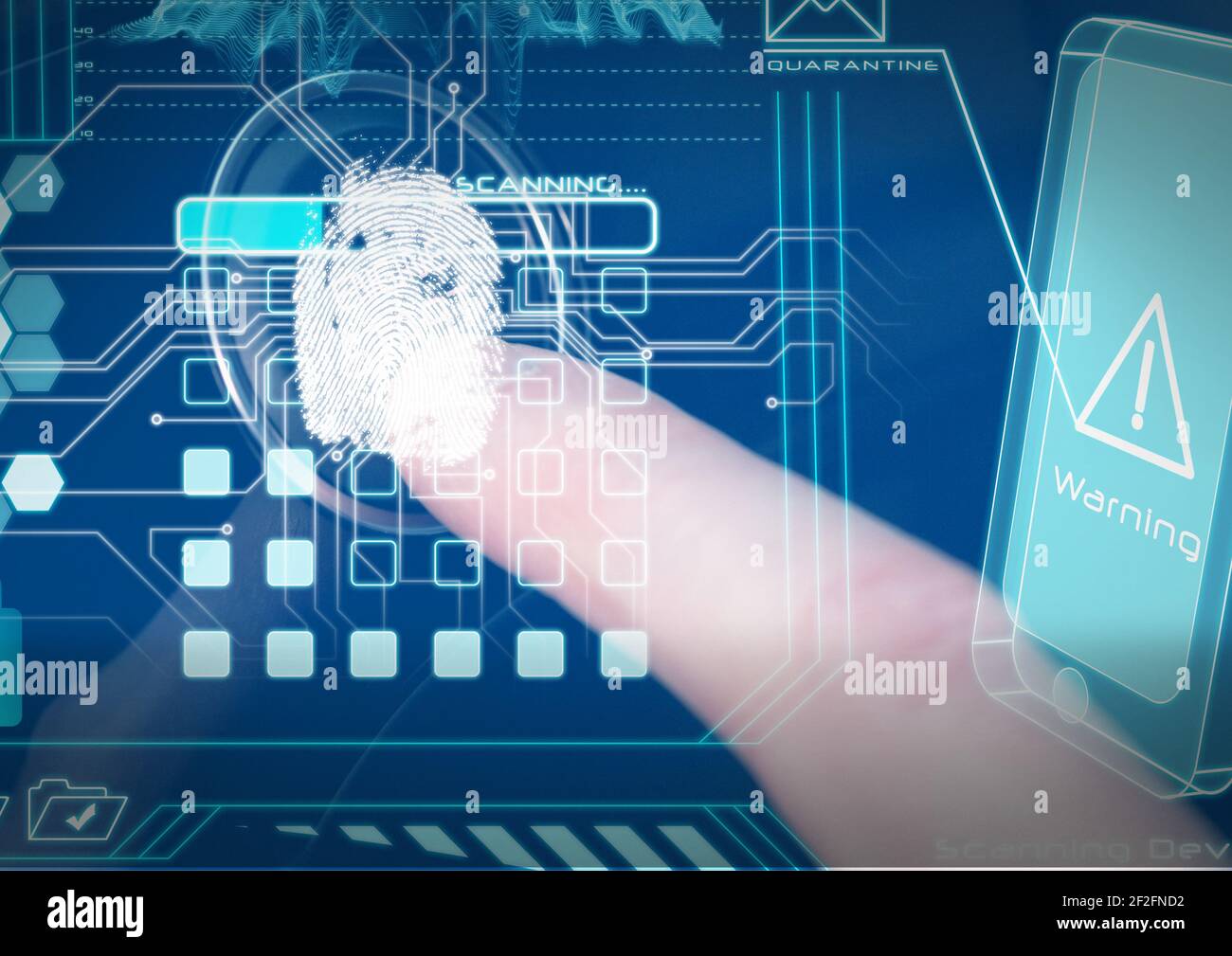 Human thumb over biometric scanner against cyber security data ...