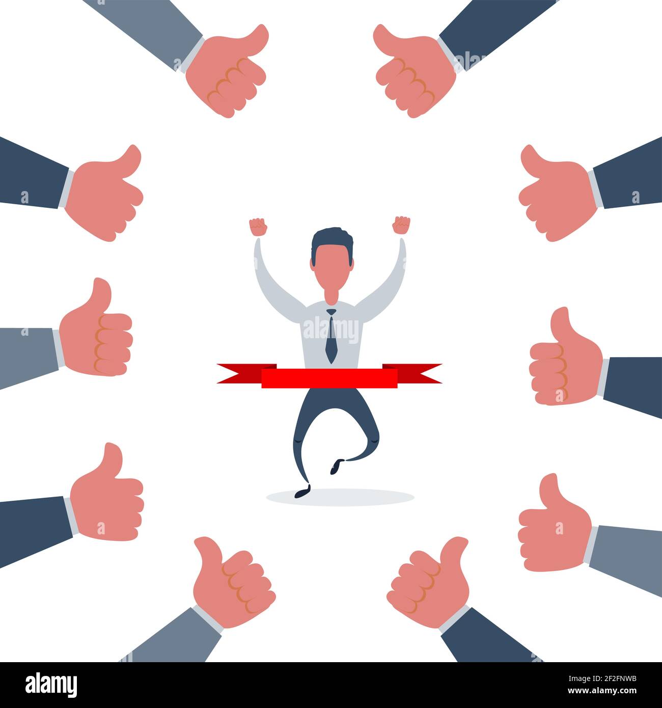 Concept of successful businessman in a finishing line with many thumbs ...