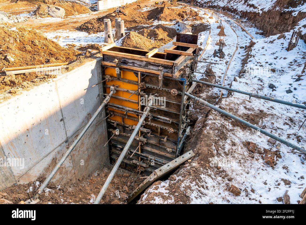 Casting of concrete columns for building house. Construction work in ...