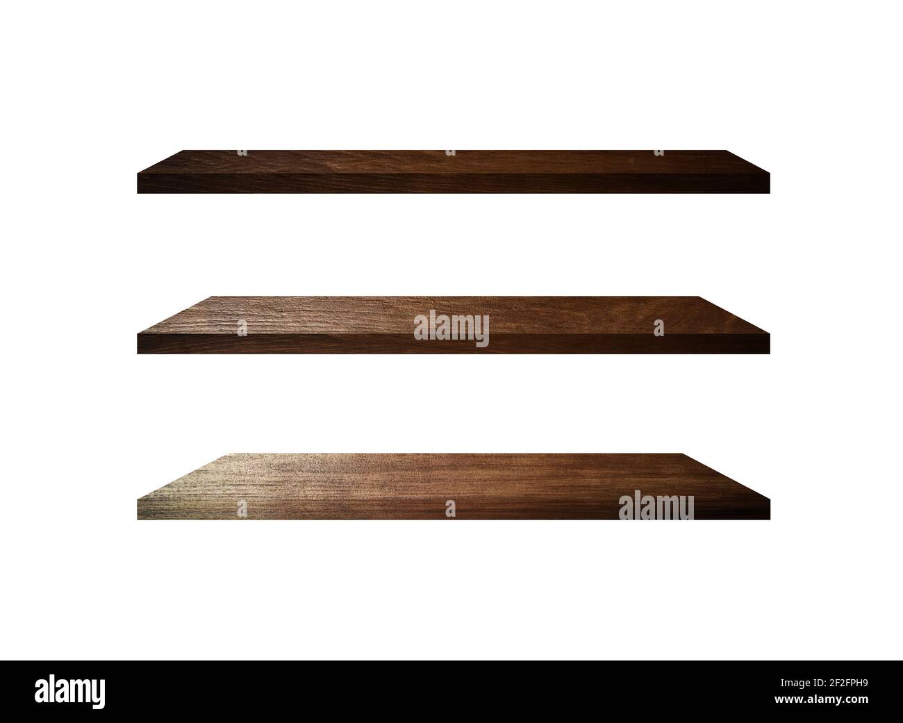 3 Retro wood shelves isolated on white background with copy space and ...