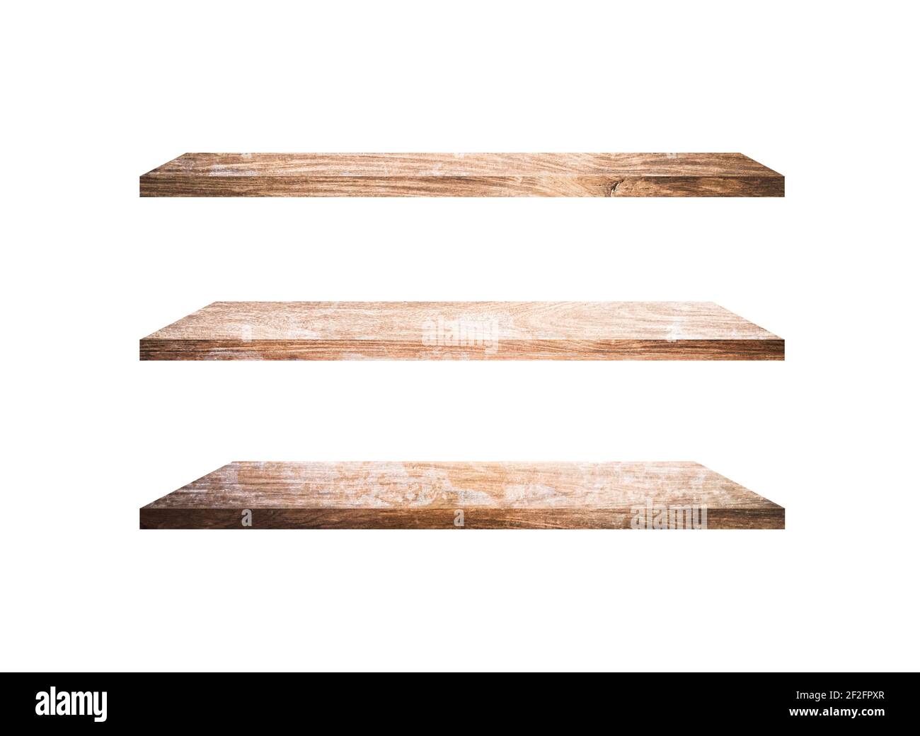 Group of old wood shelves isolated on white background with copy space ...