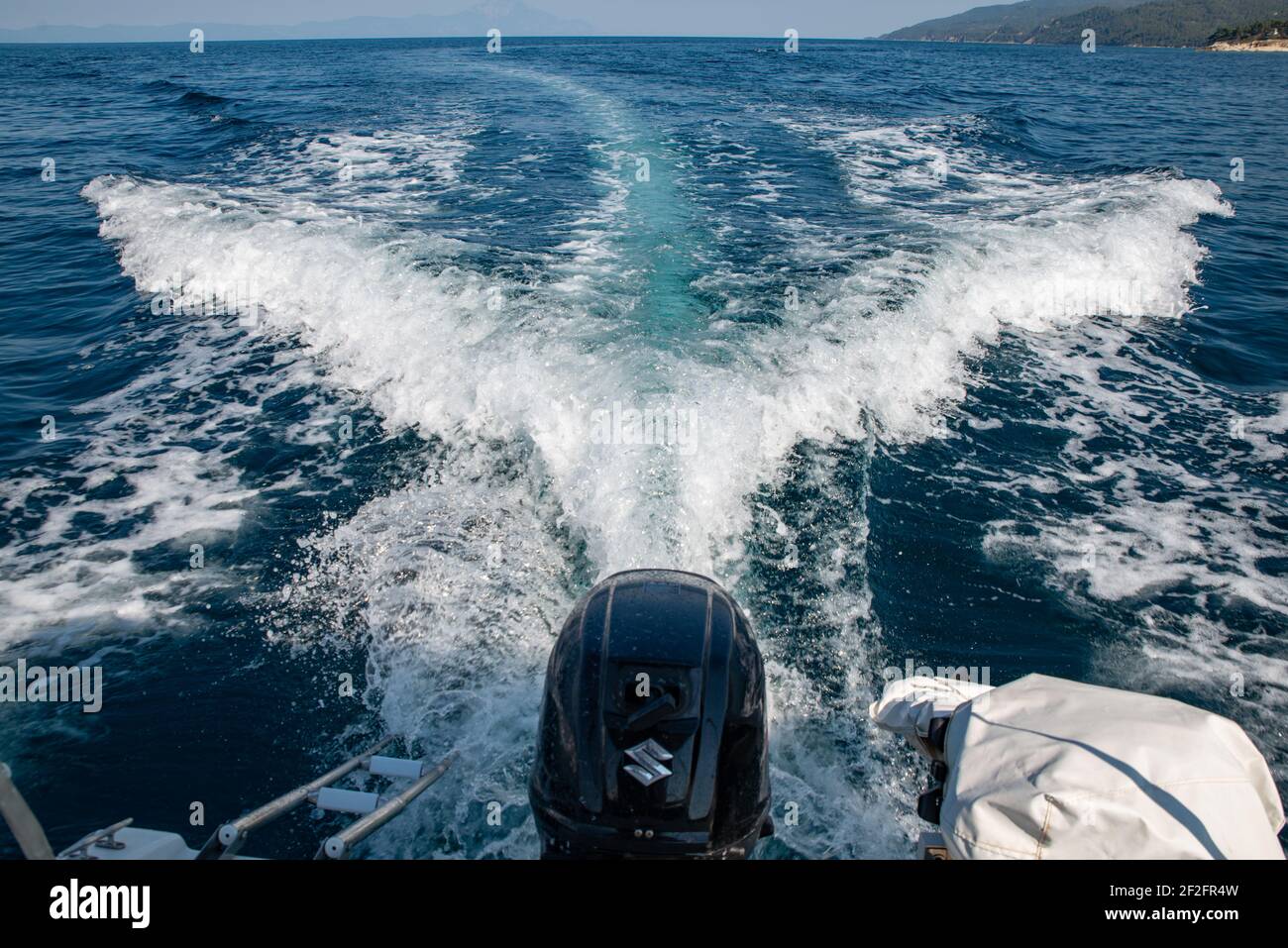 Boat tour, view of outboard motor and fairway Stock Photo - Alamy
