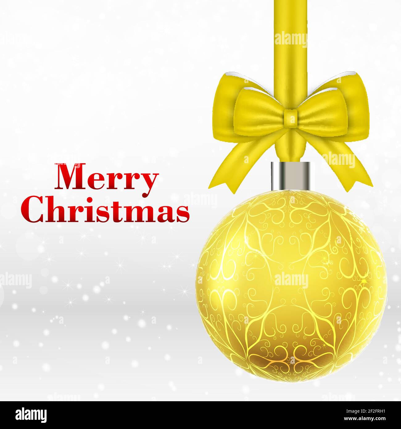 Bright yellow christmas bauble with bow and ornament on light ...