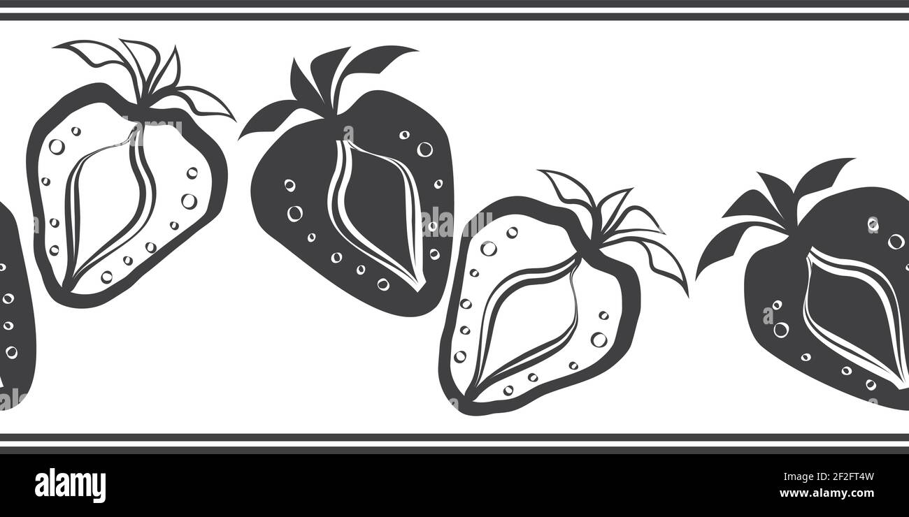 Strawberry linocut seamless vector border background. Stencil style ...