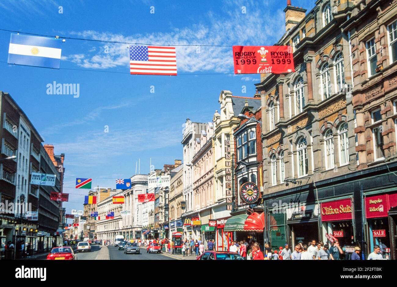 1999 Cardiff City centre - Banners from the countries competing in the ...