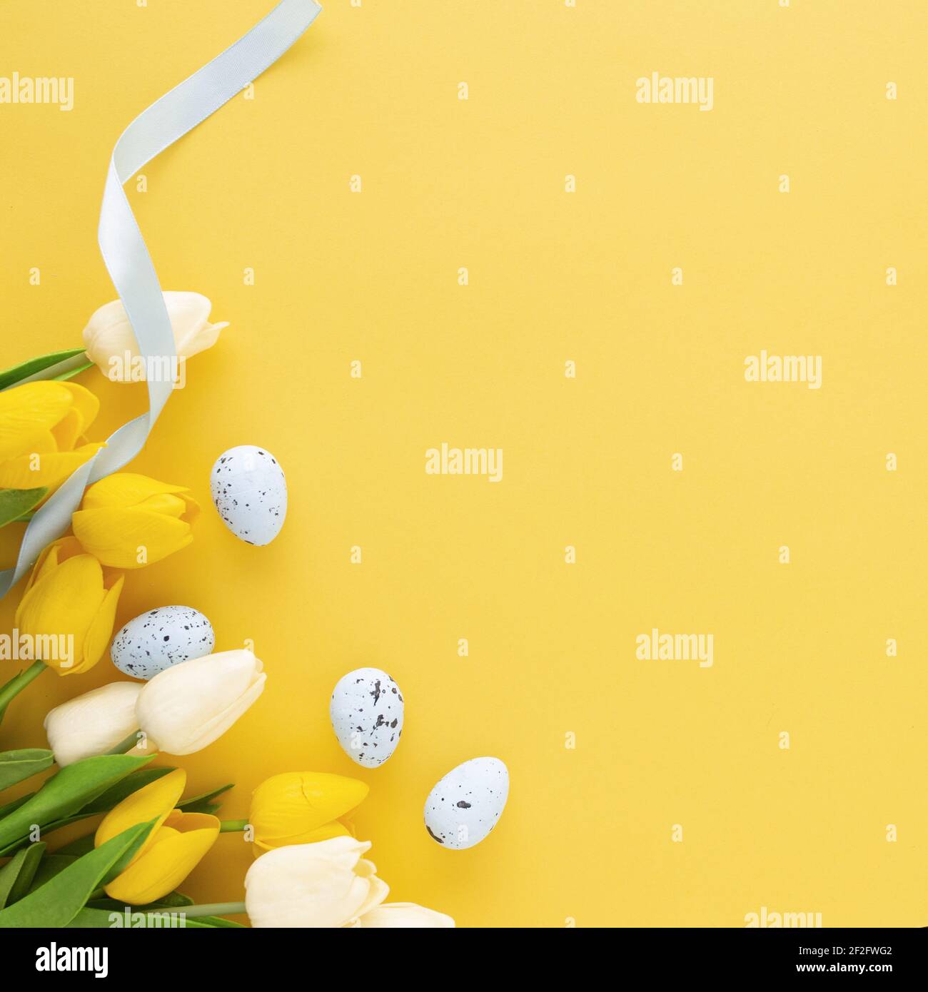 A yellow Easter background with beautiful tulip flowers and speckled ...