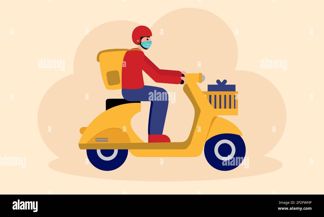 Delivery man in medical mask riding on scooter. Food delivery man ...
