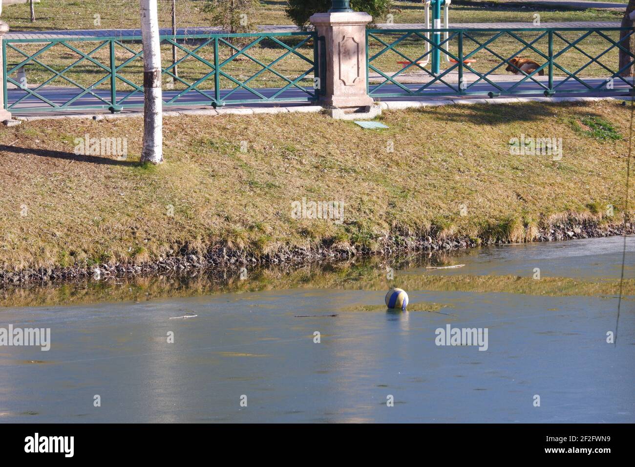Ball Floating on Frozen River at park Stock Photo - Alamy