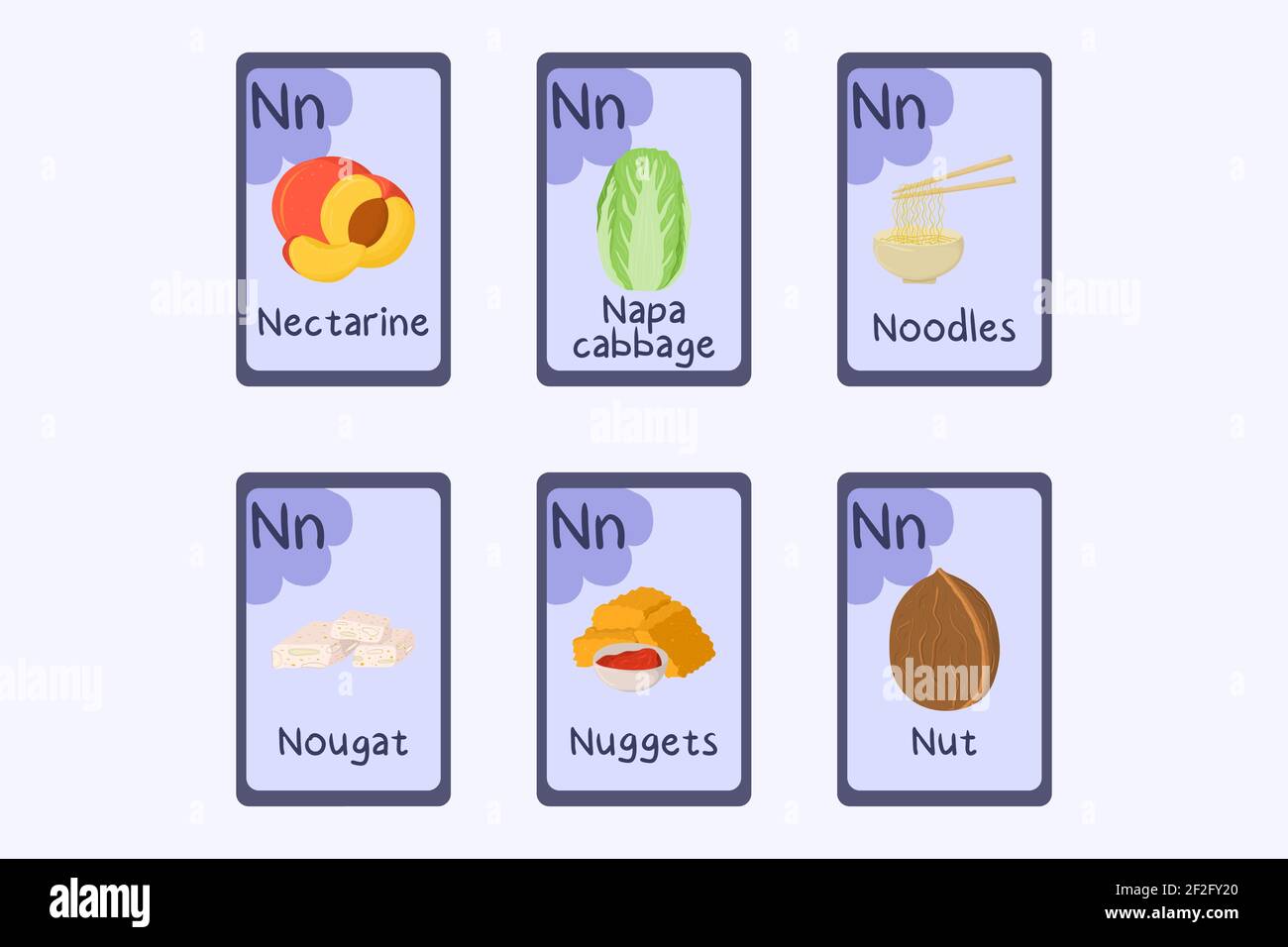 Colorful alphabet flashcard Letter N - nectarine, napa cabbage, noodles ...