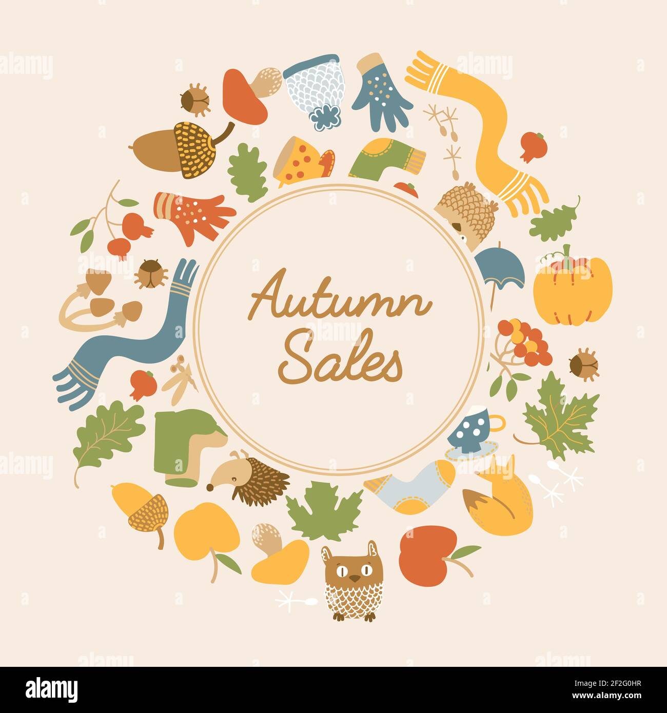 Abstract autumn sales poster with text in round frame and colorful ...