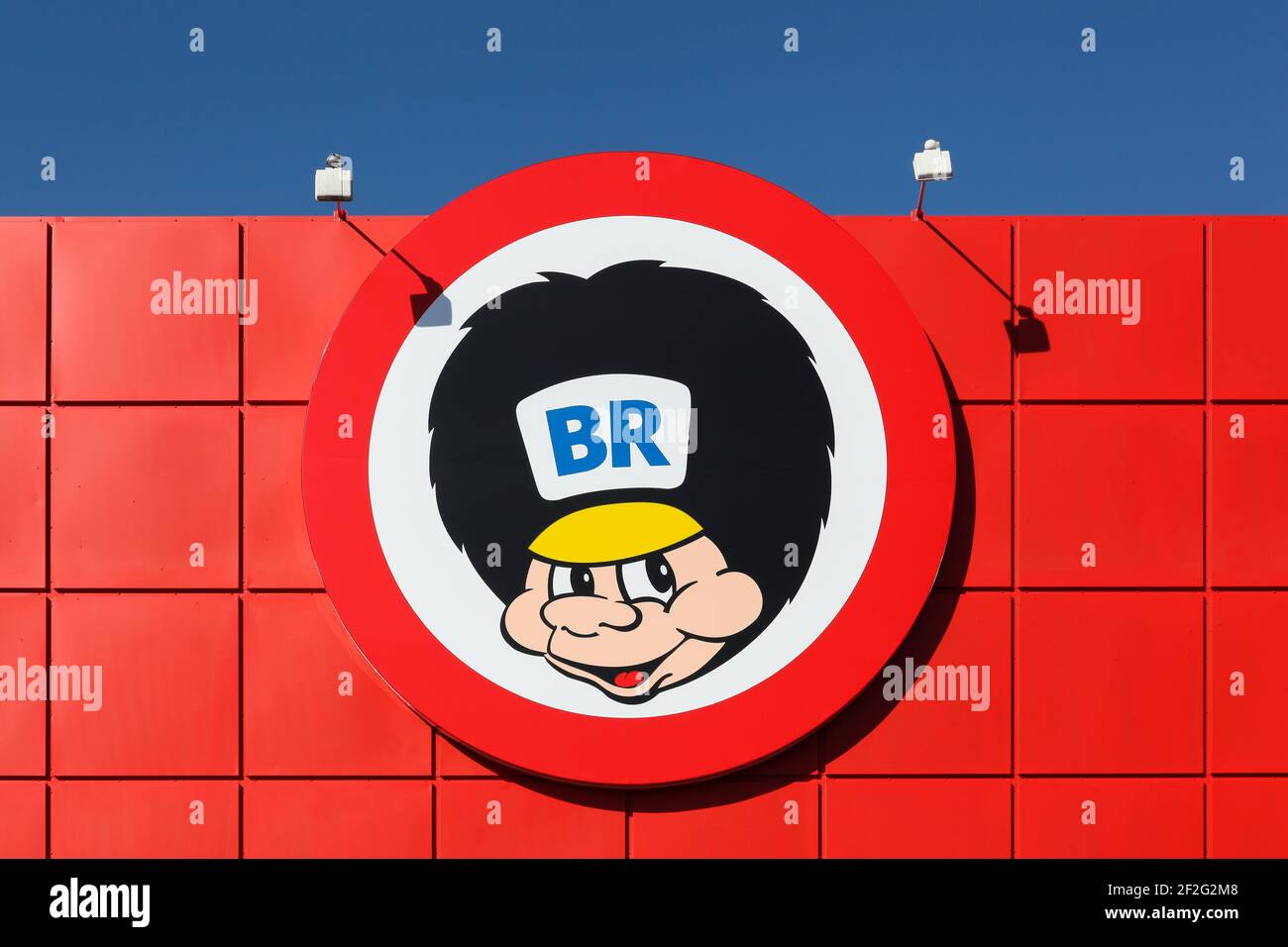 Tilst, Denmark - April 19, 2019: BR logo on a wall. BR toys is a chain ...