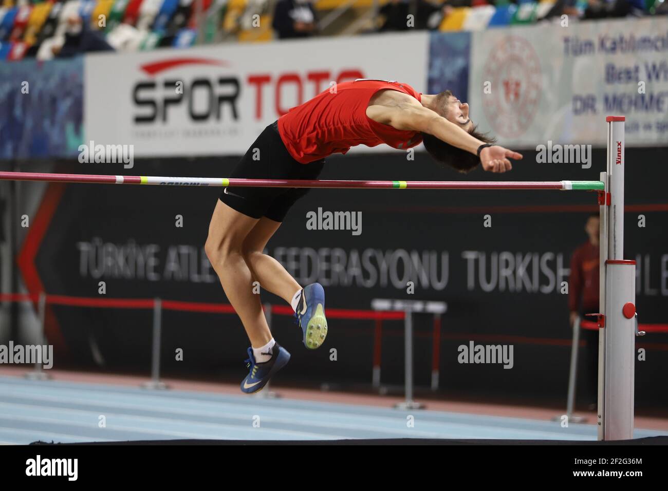 ISTANBUL, TURKEY - JANUARY 30, 2021: Undefined athlete high jumping ...