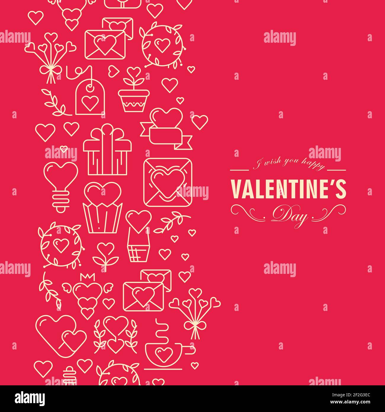 Red and white colored valentines day postcard with many objects and ...
