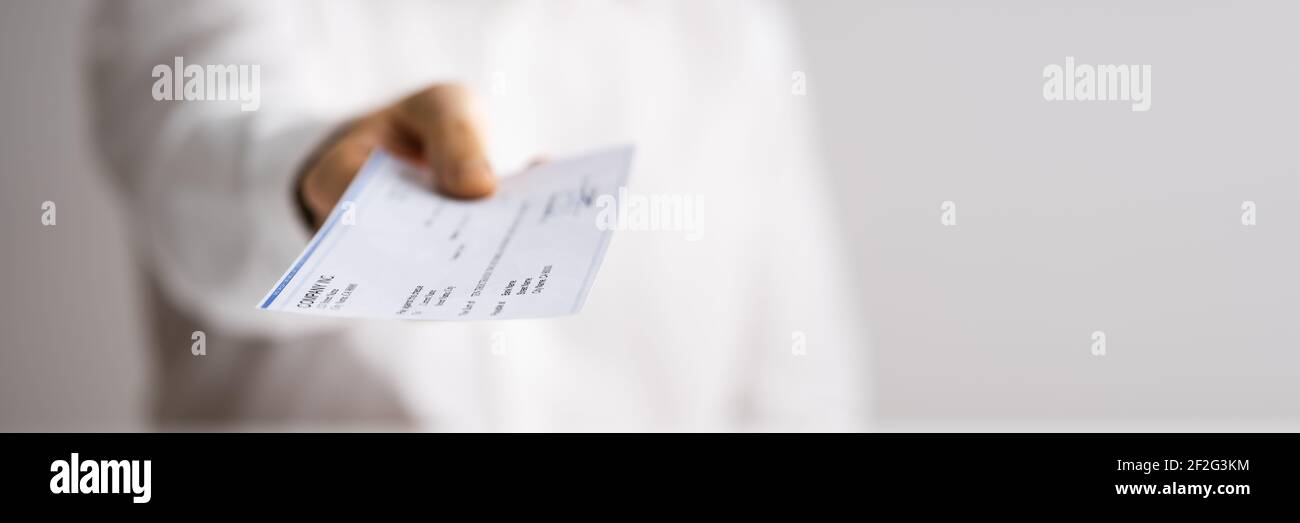 Giving Paycheck Or Payroll Cheque. Rent Check Pay Stock Photo - Alamy