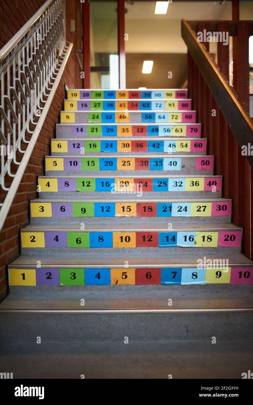 A colorful staircase in a school with numbers Stock Photo - Alamy