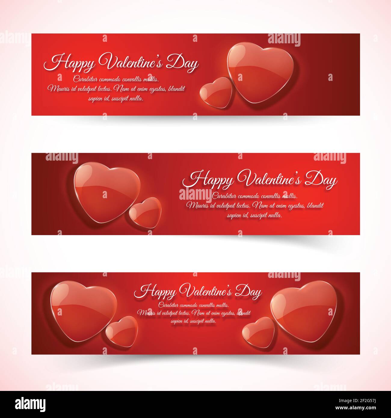 Horizontal romantic red hearts valentines day banners flat isolated ...