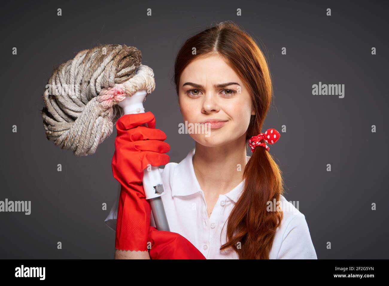 cheerful cleaning lady in hand emotion service Stock Photo - Alamy