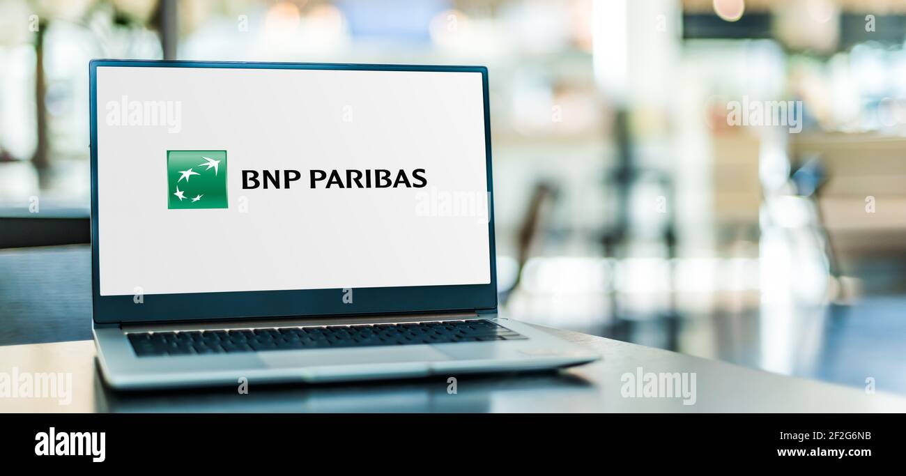 POZNAN, POL - FEB 6, 2021: Laptop computer displaying logo of BNP ...